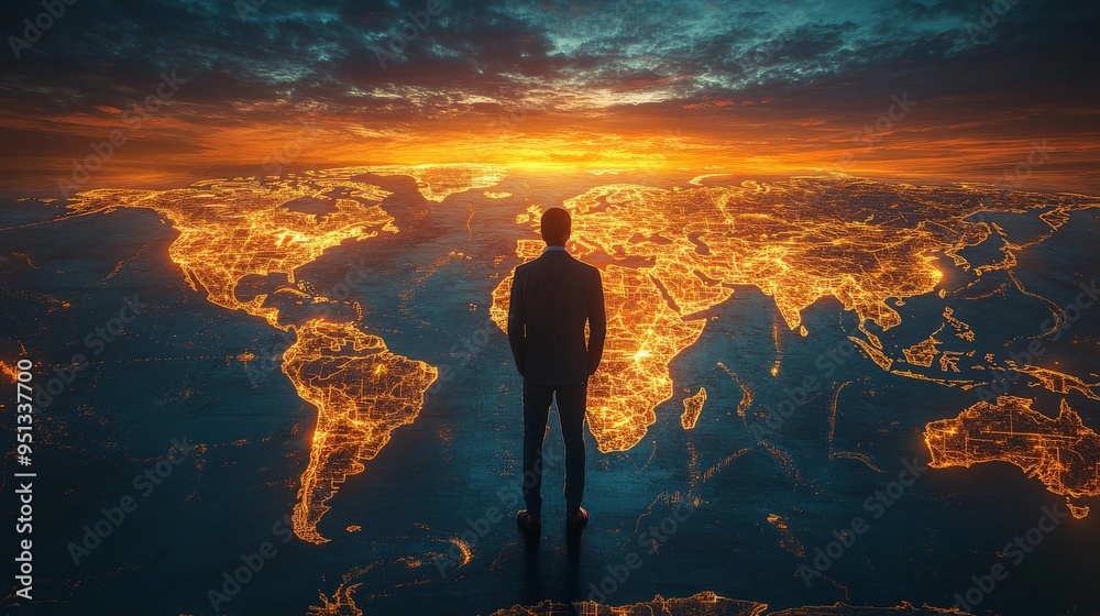 Global Visionary: A lone figure stands above an illuminated world map ...