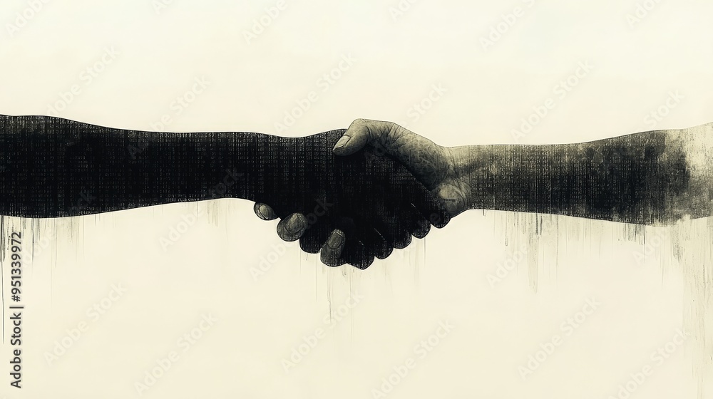 Handshake in the Fog: Two hands, one black and one white, reach out to ...