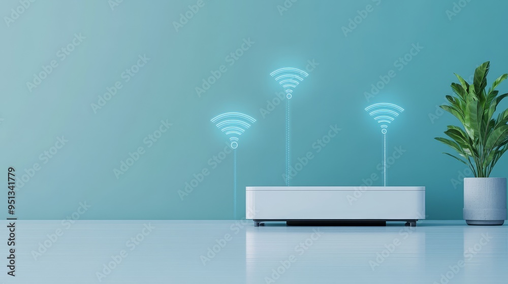 Futuristic smart home network setup with sleek white router, floating ... Futuristic smart home network setup with sleek white router, floating ...