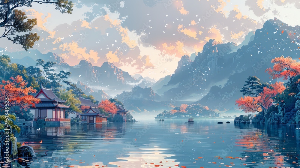 Rural landscape with a tea plantation, a Chinese village, and boat on ...