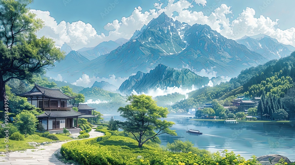 Rural landscape with a tea plantation, a Chinese village, and boat on ...