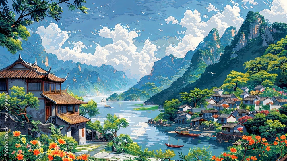 Rural landscape with a tea plantation, a Chinese village, and boat on ...