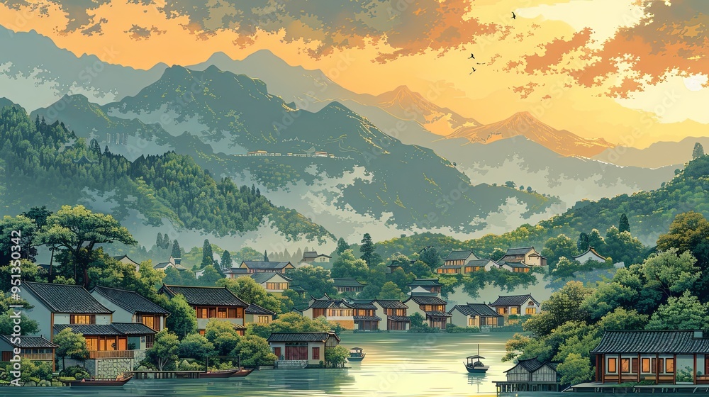 Rural landscape with a tea plantation, a Chinese village, and boat on ...