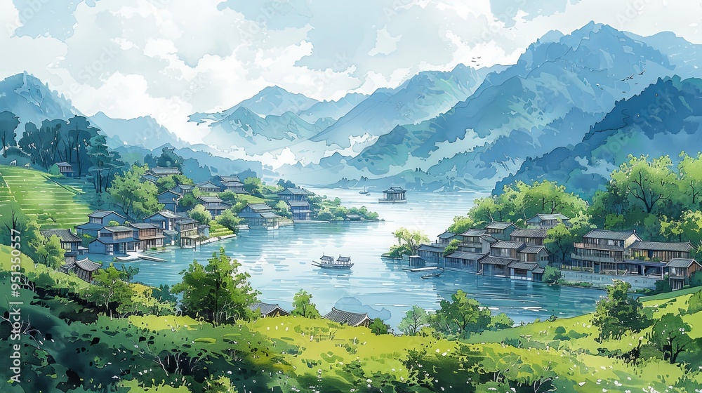 Rural landscape with a tea plantation, a Chinese village, and boat on ...