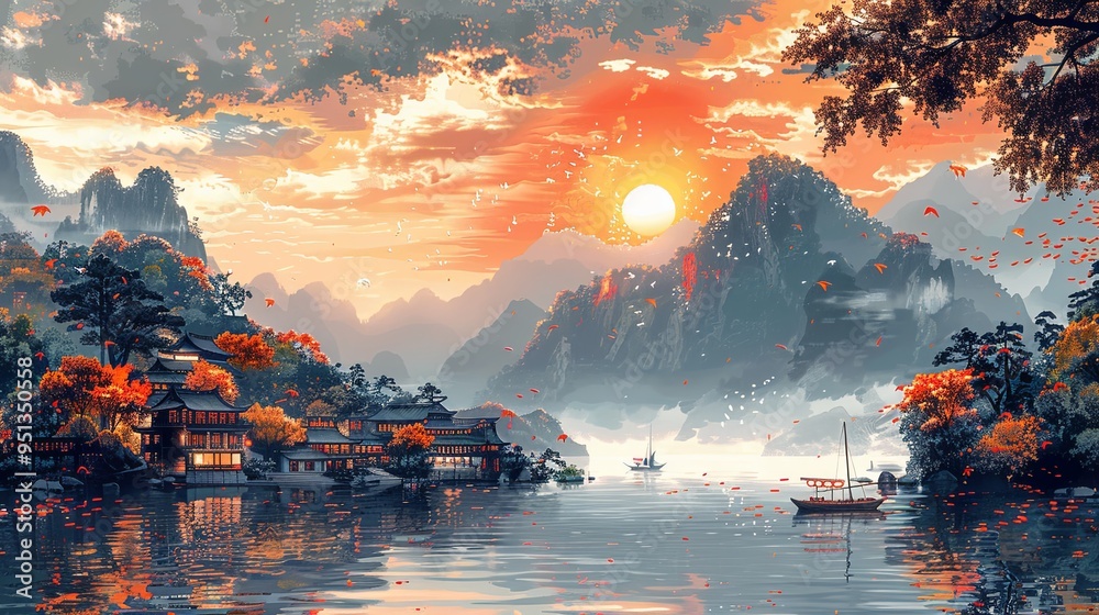 Rural landscape with a tea plantation, a Chinese village, and boat on ...