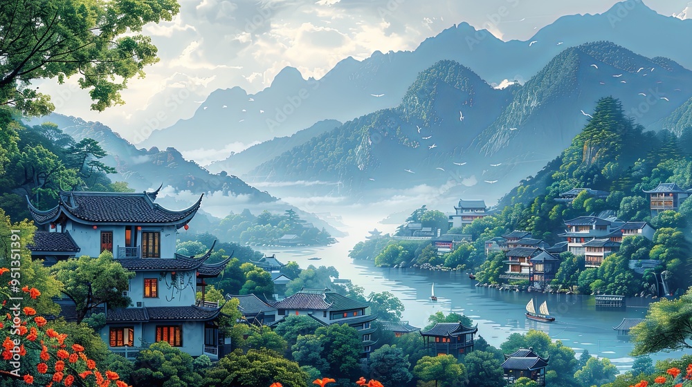 Rural landscape with a tea plantation, a Chinese village, and boat on ...