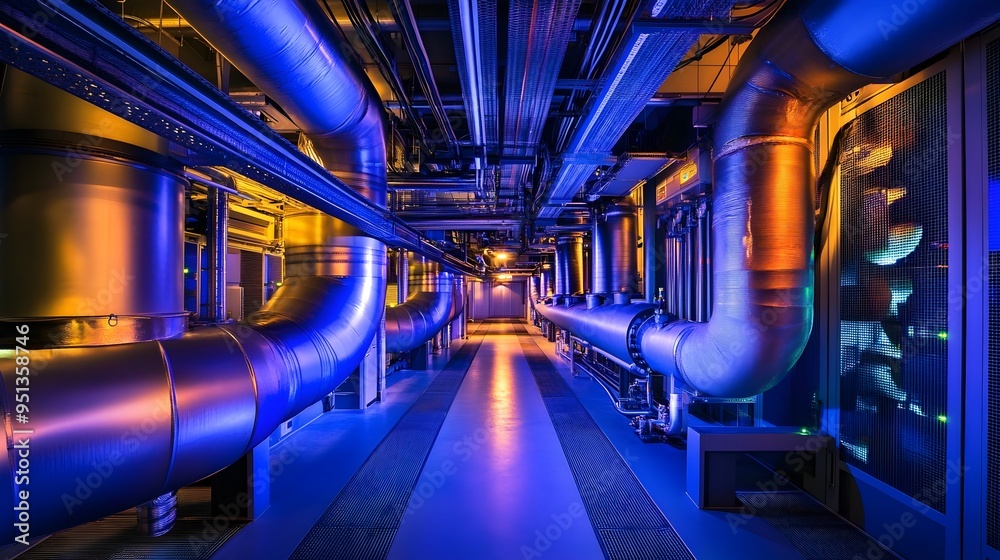 Intricate network of cooling pipes and ducts in the interior of a high ...