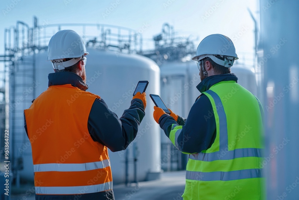 Workers inspect methane gas storage tanks at a biogas plant, using ...