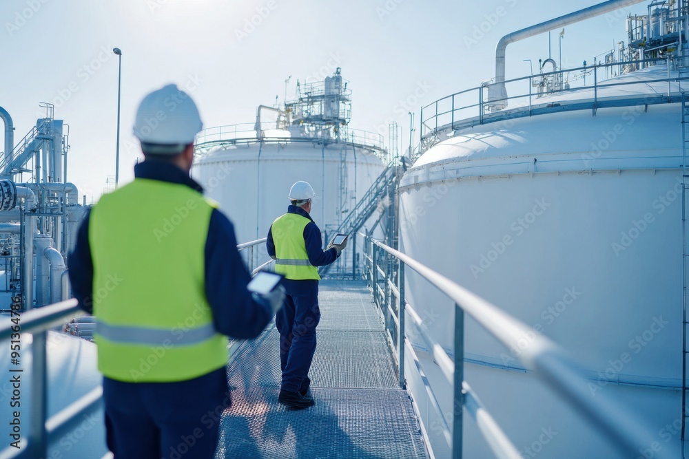 Workers inspect methane gas storage tanks at a biogas plant, using ...