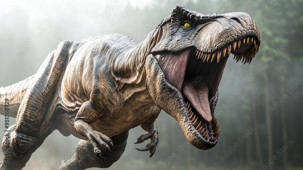 Ferocious Tyrannosaurus rex with powerful jaws open, capturing the raw ...