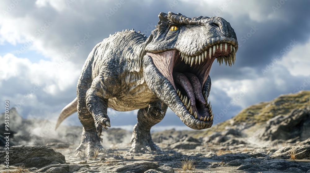 A T-Rex dinosaur roars with its mouth wide open, revealing its sharp ...
