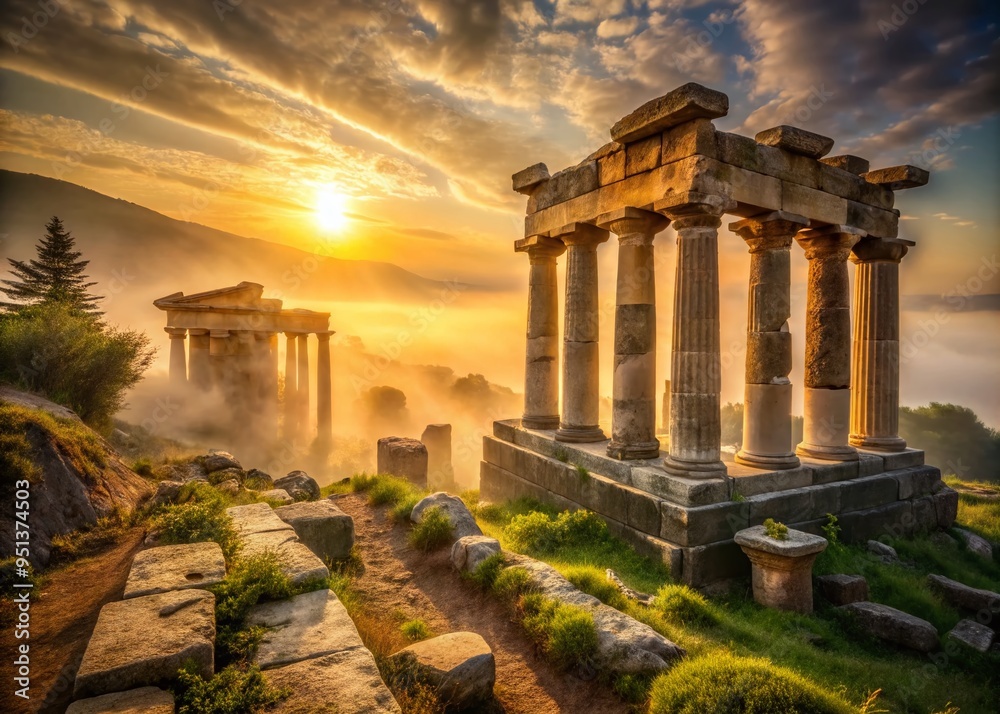 Ancient Greek temple at sunrise with misty atmospheric perspective ...