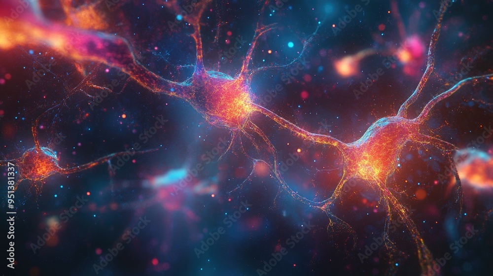 Neurons linked by synapses, highlighting the process of neuronal ...