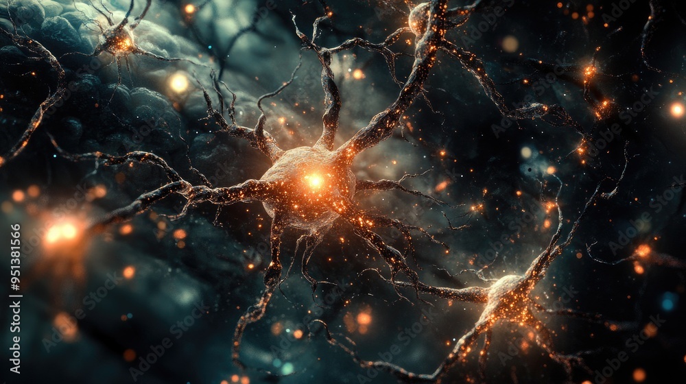Neurons linked by synapses, highlighting the process of neuronal ...