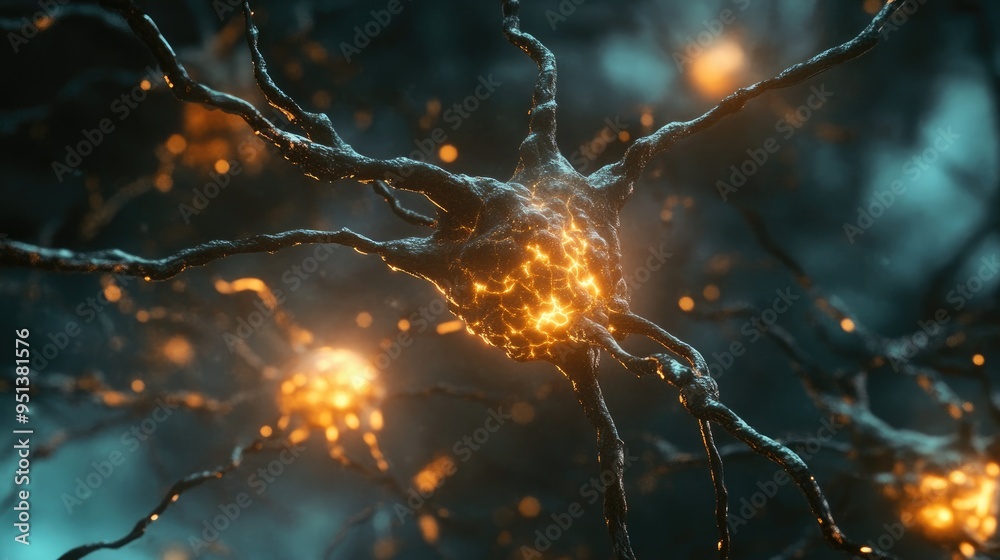 Neurons linked by synapses, highlighting the process of neuronal ...