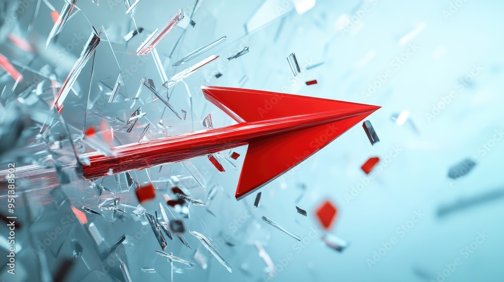 Red arrow smashing through a glass ceiling in a 3D render, signifying ...