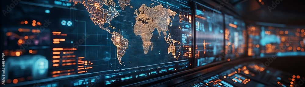 A close-up of a holographic map displaying global marketing routes and ...