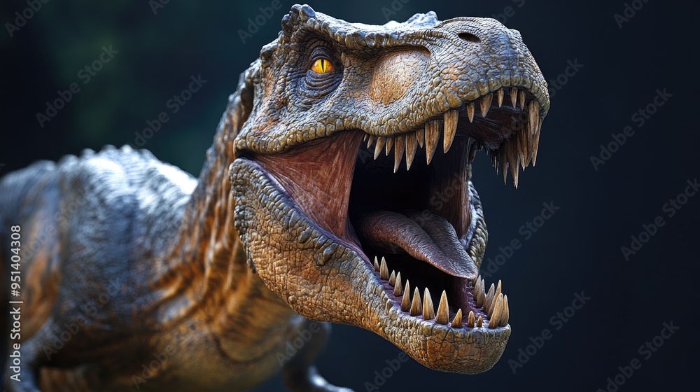 The powerful jaws of a Tyrannosaurus rex, roaring fiercely, embodying ...