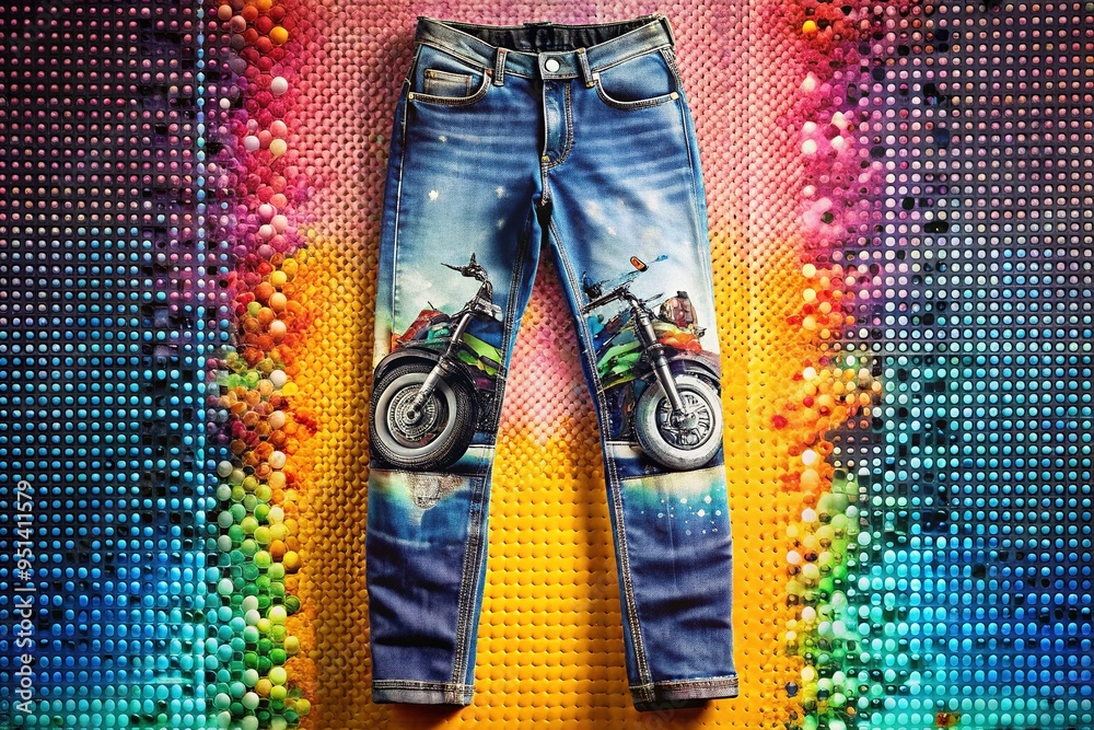 Rebellious biker-chic jeans adorned with bold, bleached panels, pixel ...