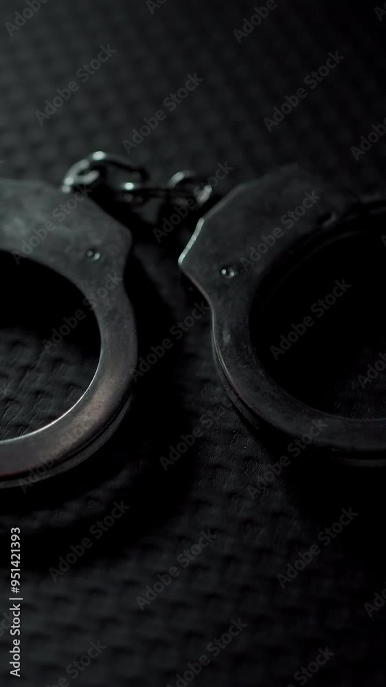 Handcuffs are lying still on the table, reflecting the red light from ...