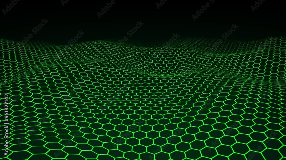 Green colored wave field with smoothly moving hexagon grid on a black ... Green colored wave field with smoothly moving hexagon grid on a black ...