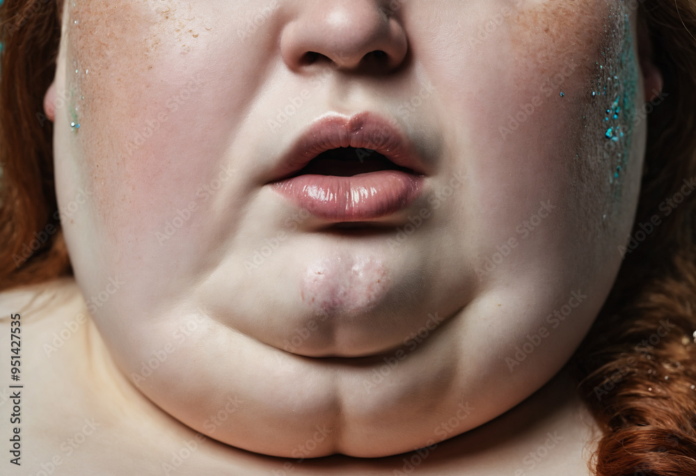 Fat woman, chubby cheeks, blue glitter makeup, open mouth, emotions ...