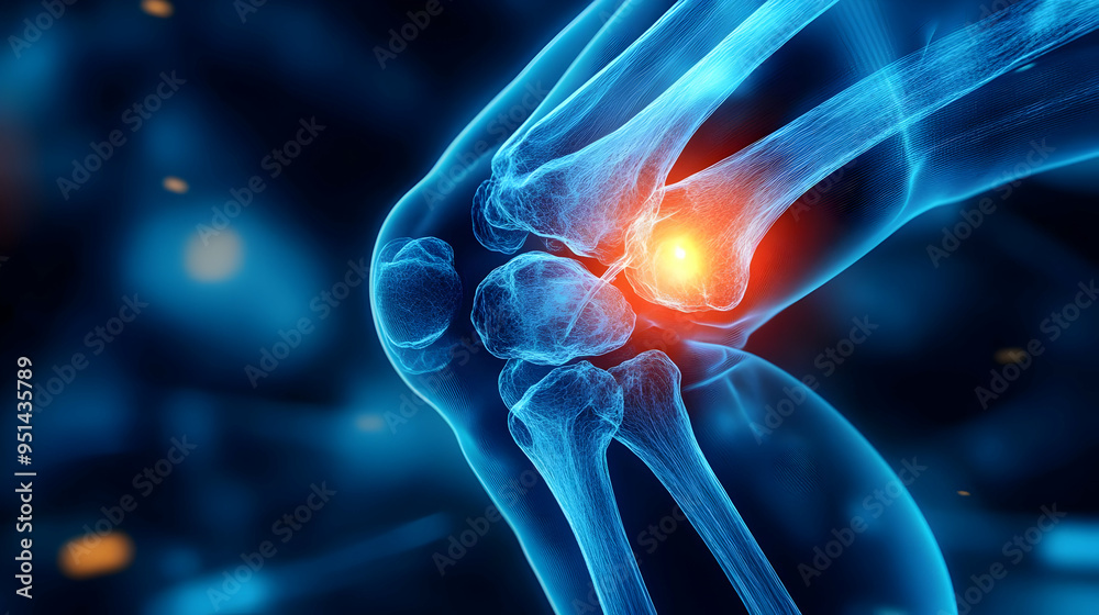 3D Digital Medical Illustration of a Knee with Pain, Showing Bones and ...