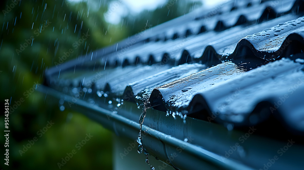 Rain Falling on Roof, Water Drops Falling From Gutter, Close Up View of ...