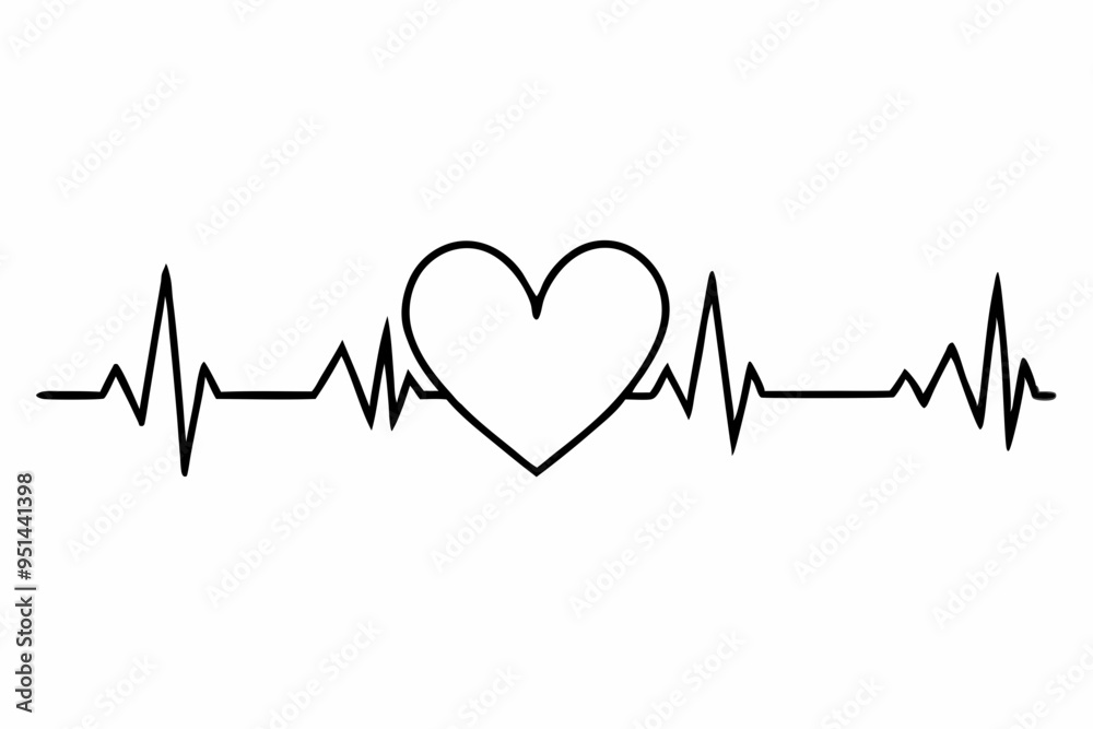 Heart beat one line. Continuous lines heart beats drawing. Wave pulse ...