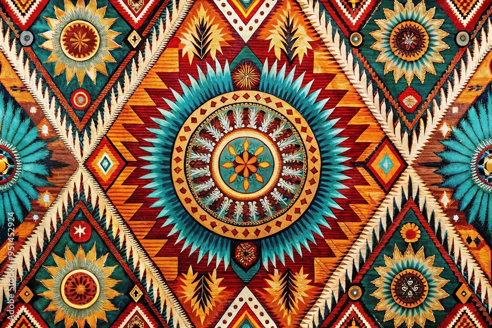 Vibrant, intricate Native American pattern featuring bold, geometric ...