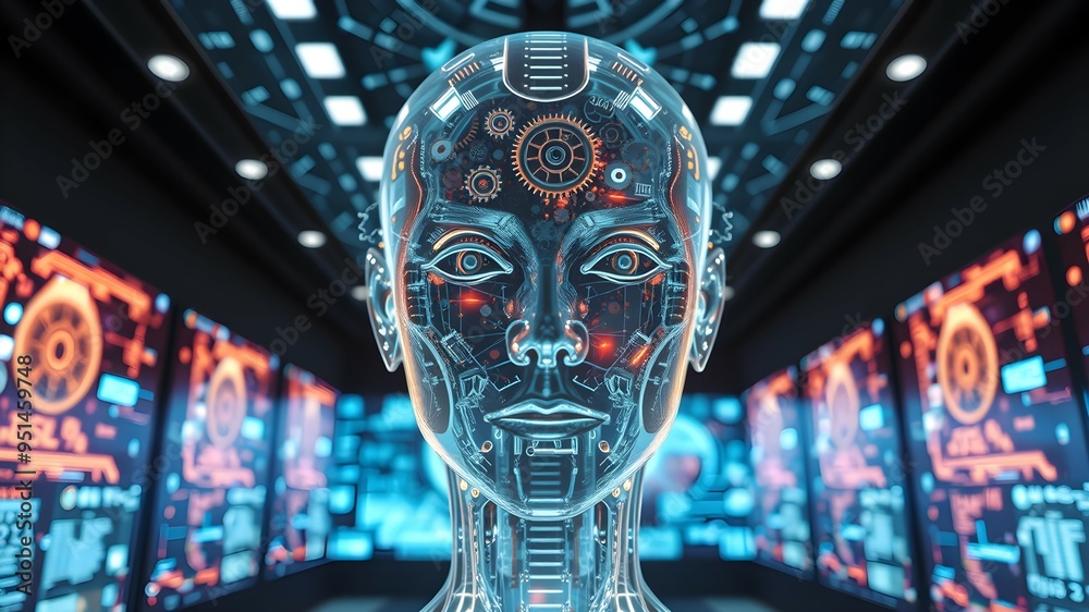 Humanoid AI with Translucent Body Displaying Gears and Circuits Amidst ...