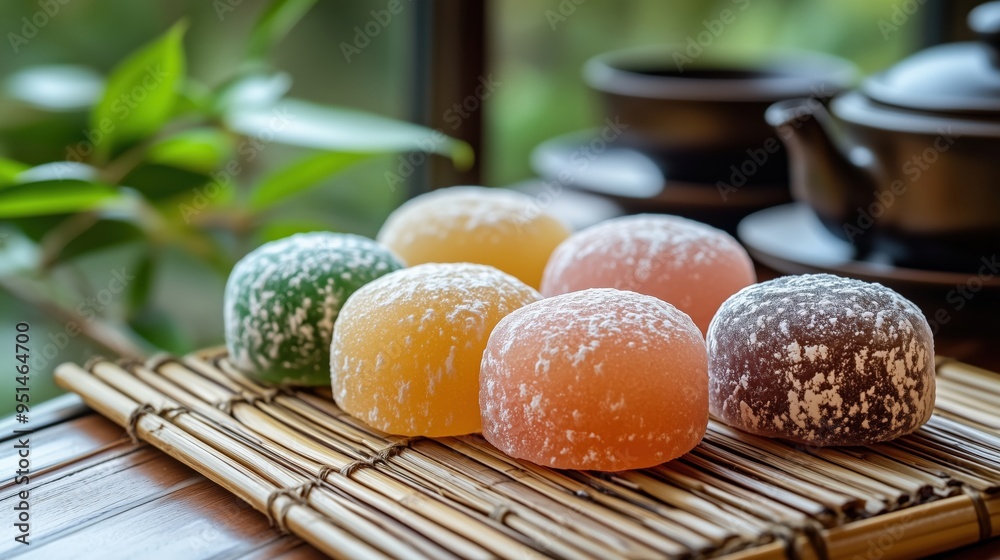 Elegant presentation of Japanese mochi dessert in various flavors ...