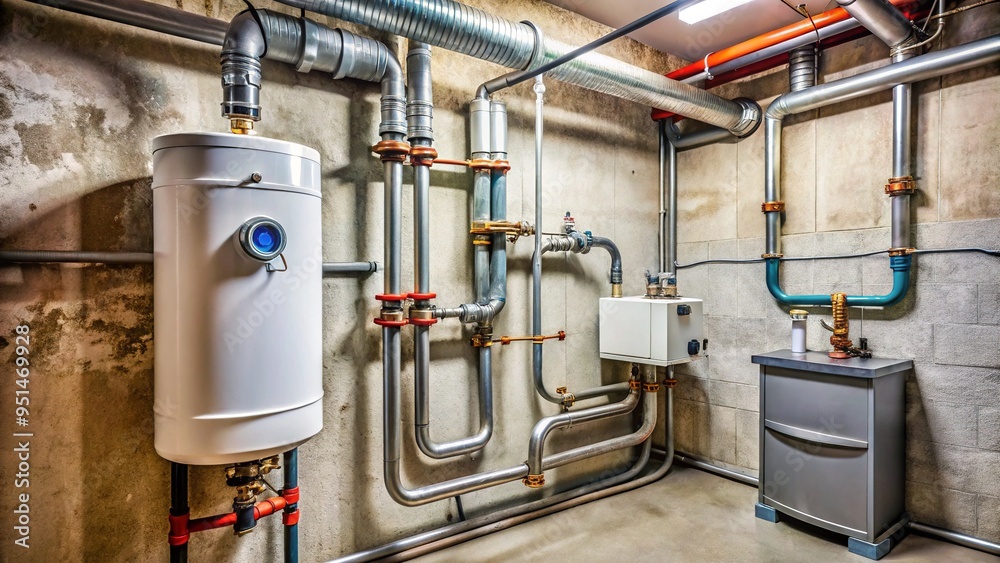 Water heater flow meter installed in a residential basement, connecting ...