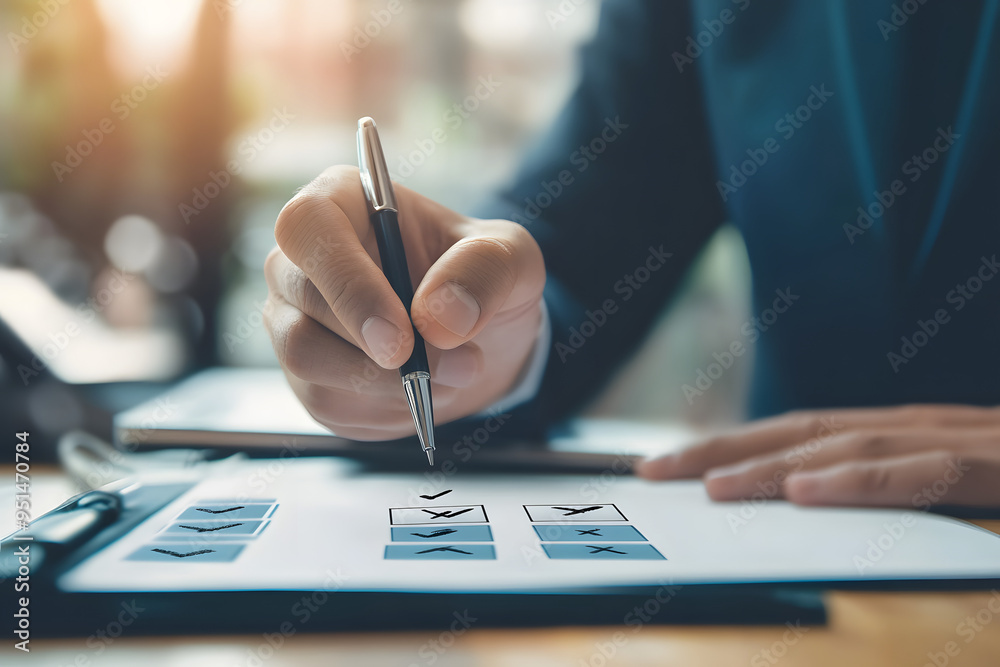 Businessman use pen to tick correct sign mark in checkbox for quality ...