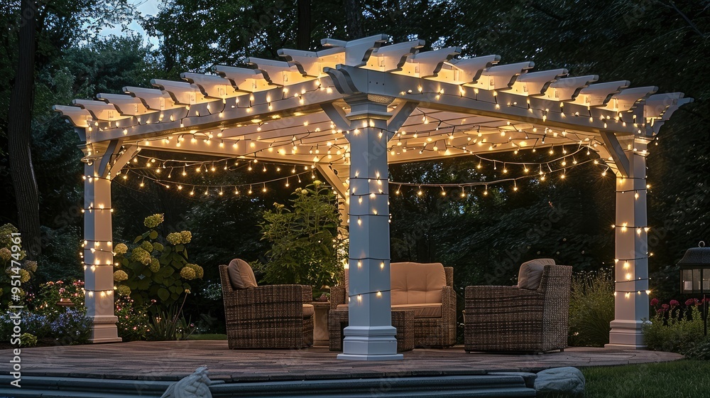 White wooden pergola with fairy lights over the garden at night ...