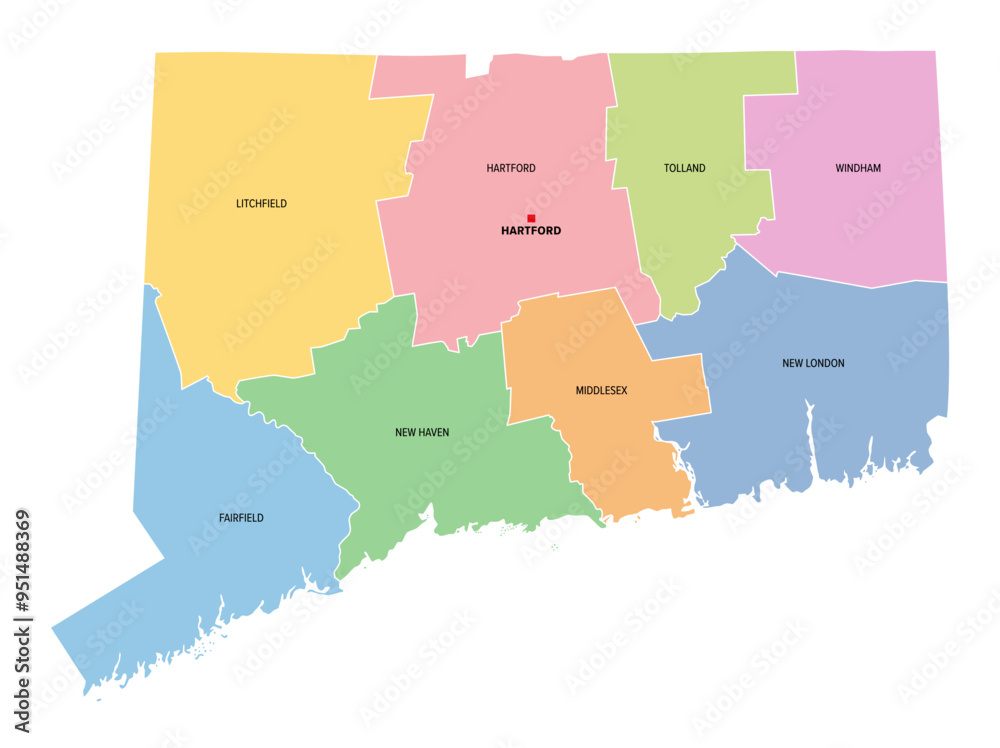 Connecticut, U.S. state, subdivided into 8 counties, multi colored ...