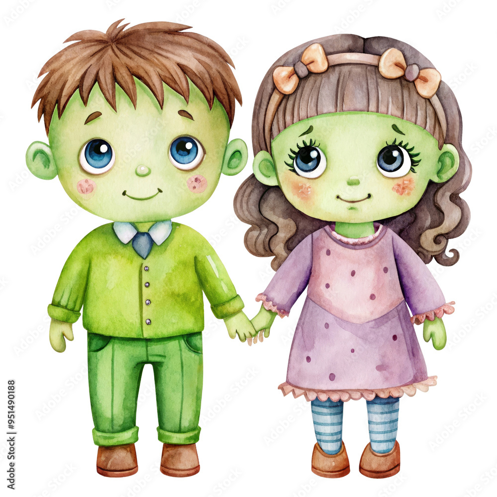 Two green-skinned cartoon characters, a boy and a girl, are holding ...