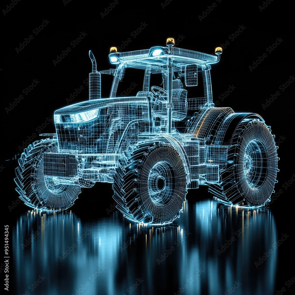 A complex wireframe model of a tractor with dynamic data overlays ...