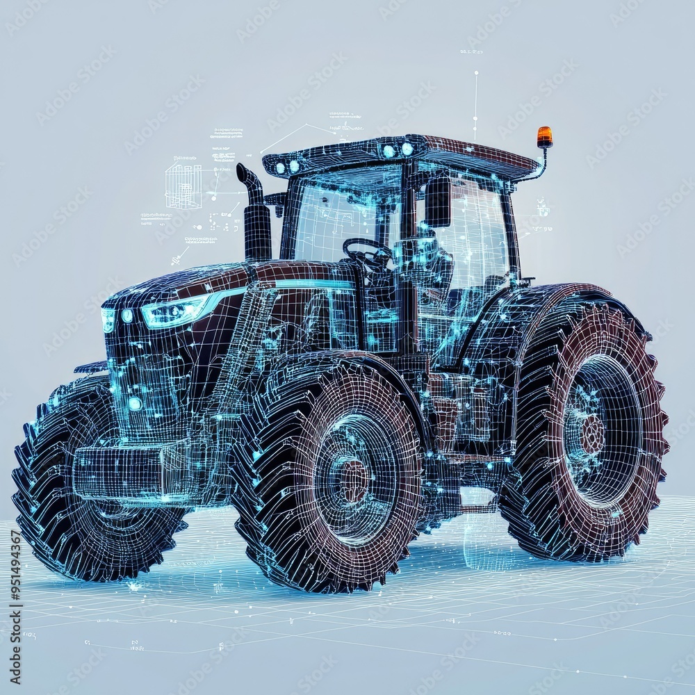 A complex wireframe model of a tractor with dynamic data overlays ...