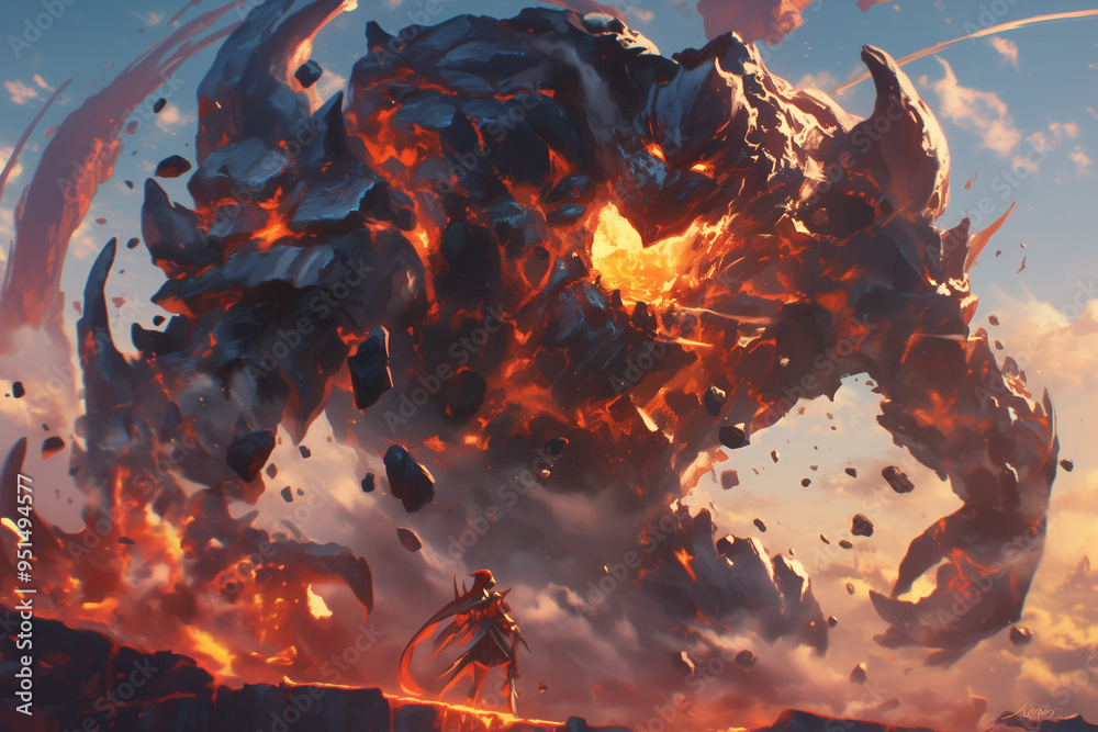 colossal molten lava titan with glowing core, towering above a lone ...