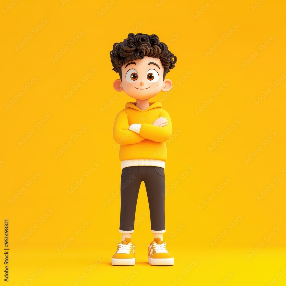 Cartoon boy with a glossy finish against a vibrant yellow background ...