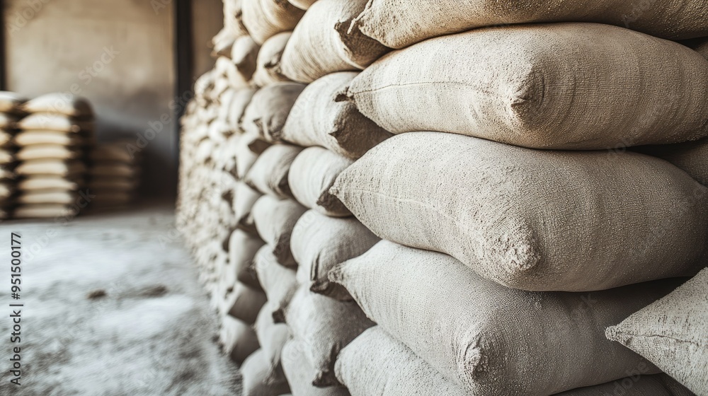 A large stack of cement sack bags piled high in a warehouse, each bag ...