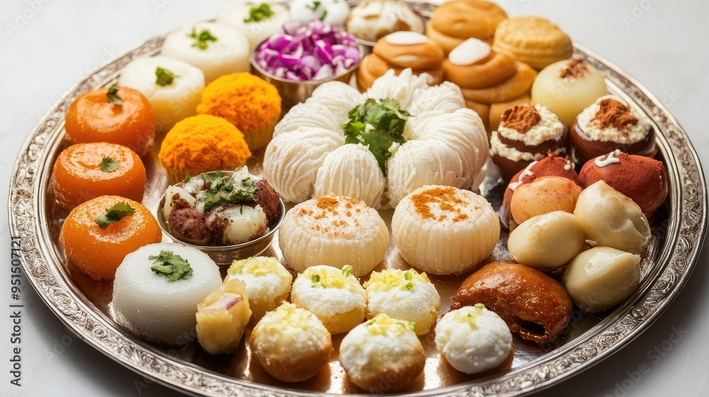 A platter of Indian desserts, including gulab jamun, rasgulla, and ...