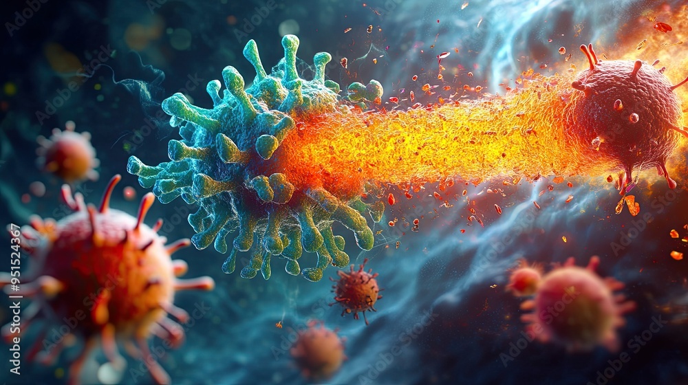 ภาพประกอบสต็อก 44. A 3D cartoon bacteria with a fire hose, spraying a ...