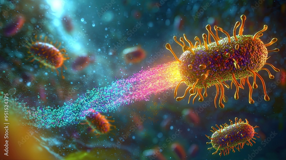 44. A 3D cartoon bacteria with a fire hose, spraying a cell with ...
