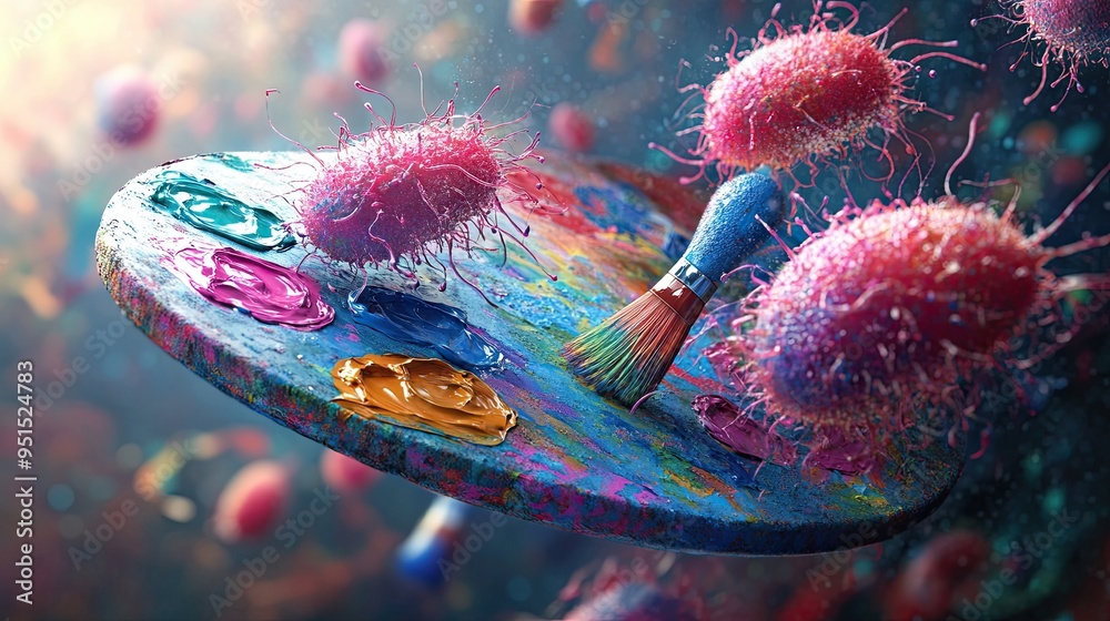38. A 3D cartoon bacteria with a painter's palette, splashing colorful ...