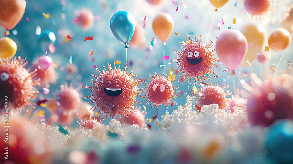 32. A 3D cartoon scene showing a group of viruses celebrating in a cell ...