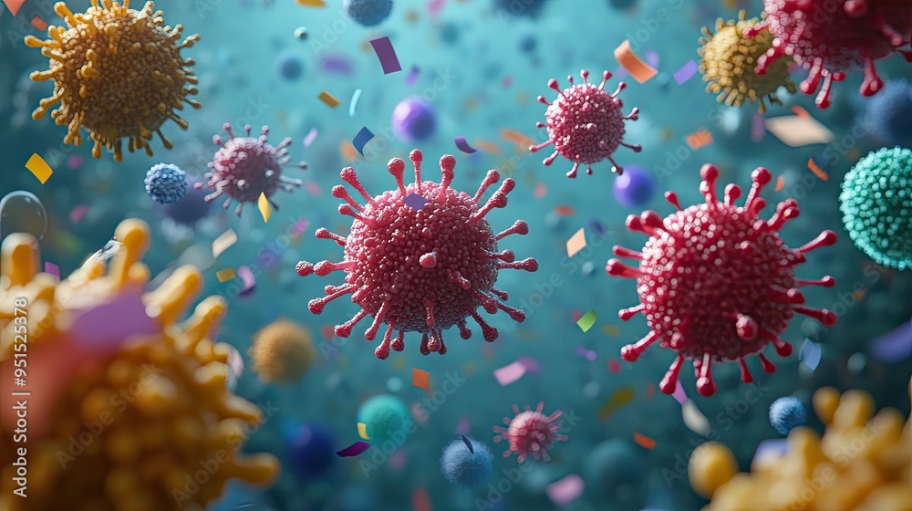32. A 3D cartoon scene showing a group of viruses celebrating in a cell ...