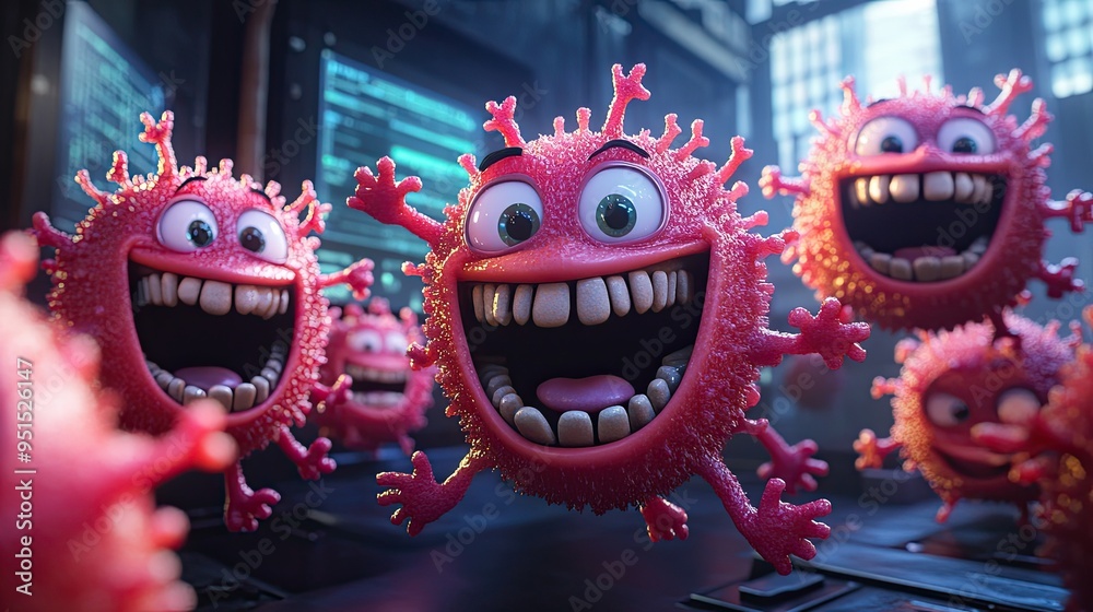 22. A 3D animated depiction of a group of viruses laughing and ...