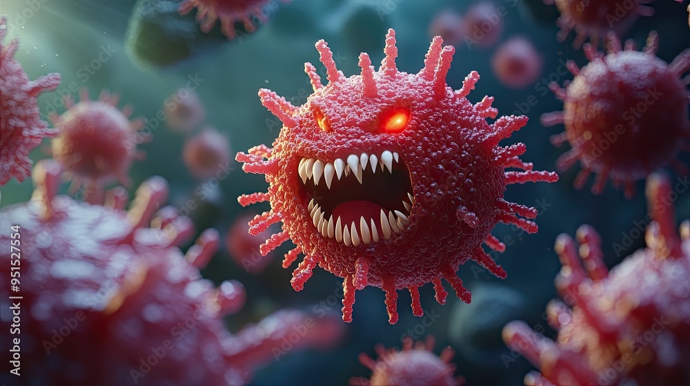 3. A 3D cartoon animation of a red, evil-looking virus with sharp teeth ...